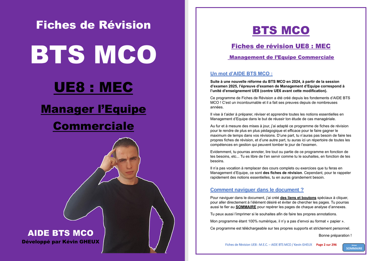 Pack FICHES DE REVISION - UE8 : Manager l'équipe commerciale - BTS MCO – AIDE BTS MCO